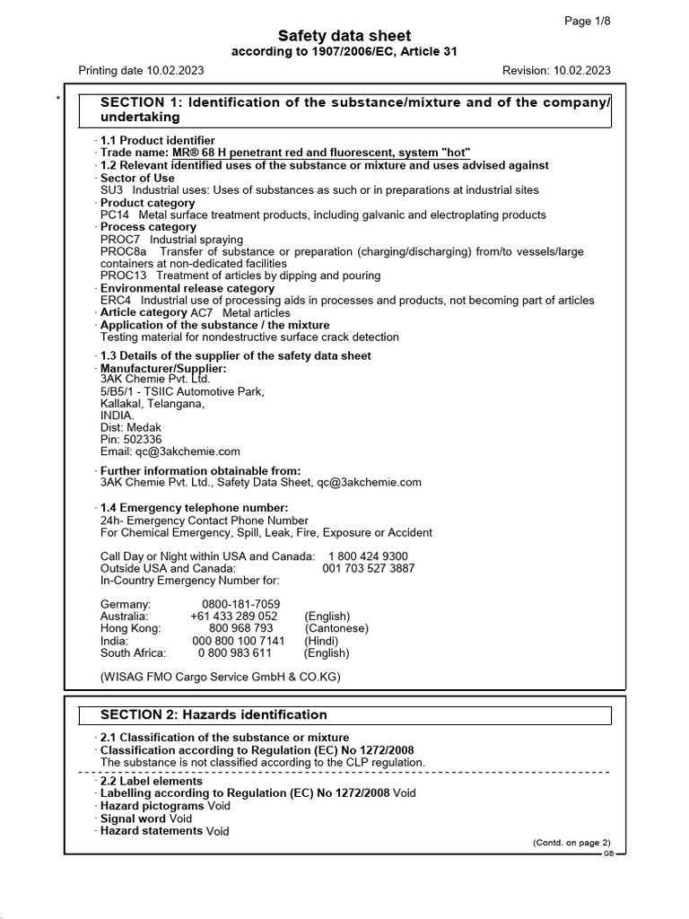 MR 68 MSDS | PDF | Personal Protective Equipment | Chemical Substances