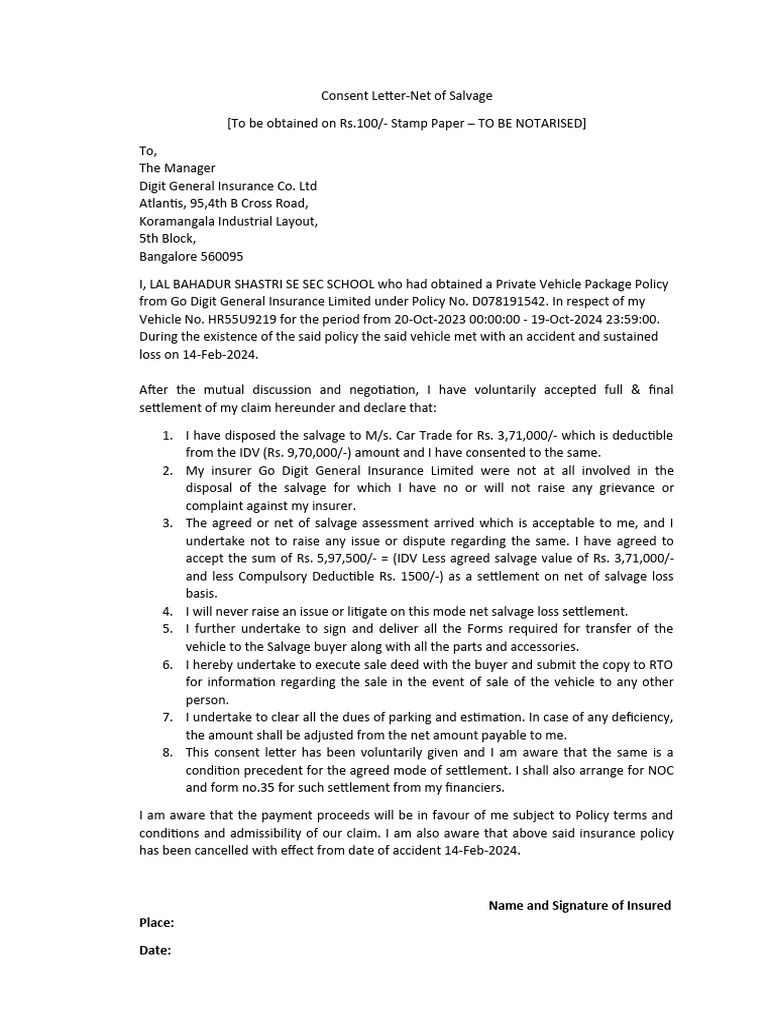 Consent Letter | PDF | Insurance | Private Law