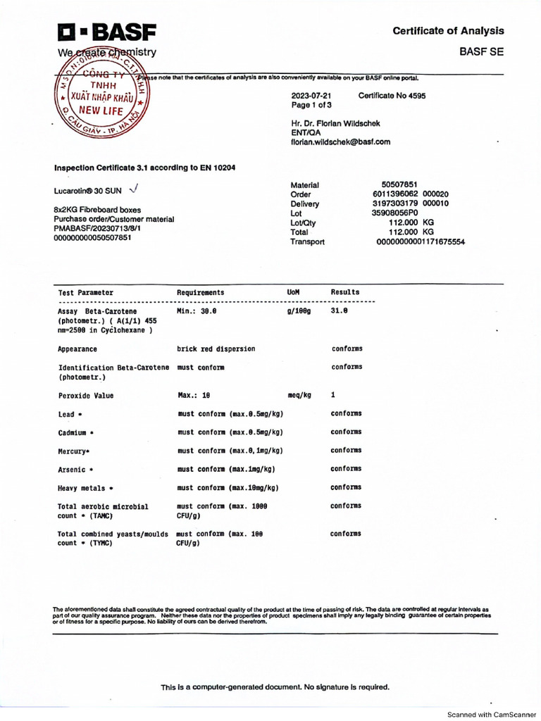 COA Lucarotin 30 Sun BASF | PDF
