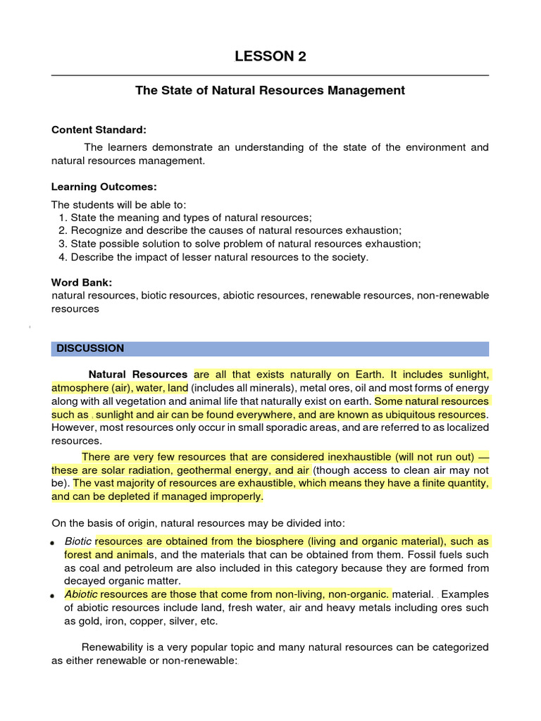 R UNIT 3 LESSON 2 The State of Natural Resources Management-1 | PDF ...