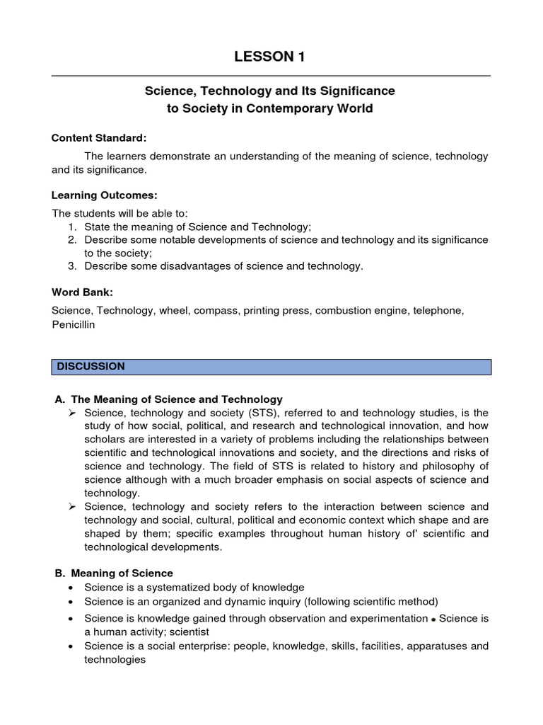 UNIT 1 LESSON 1 Science, Technology, and Its Significance to Society in ...