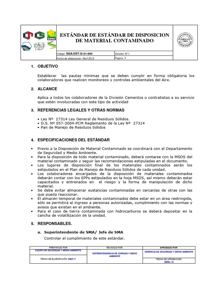 SGA-EST-G-01-005 Disposicìon de Material Contaminado | PDF | Contaminación