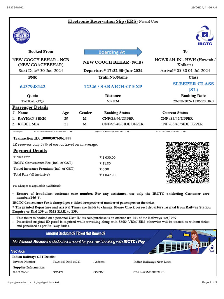 IRCTC Train Ticket: NCB to HWH | PDF | Identity Document
