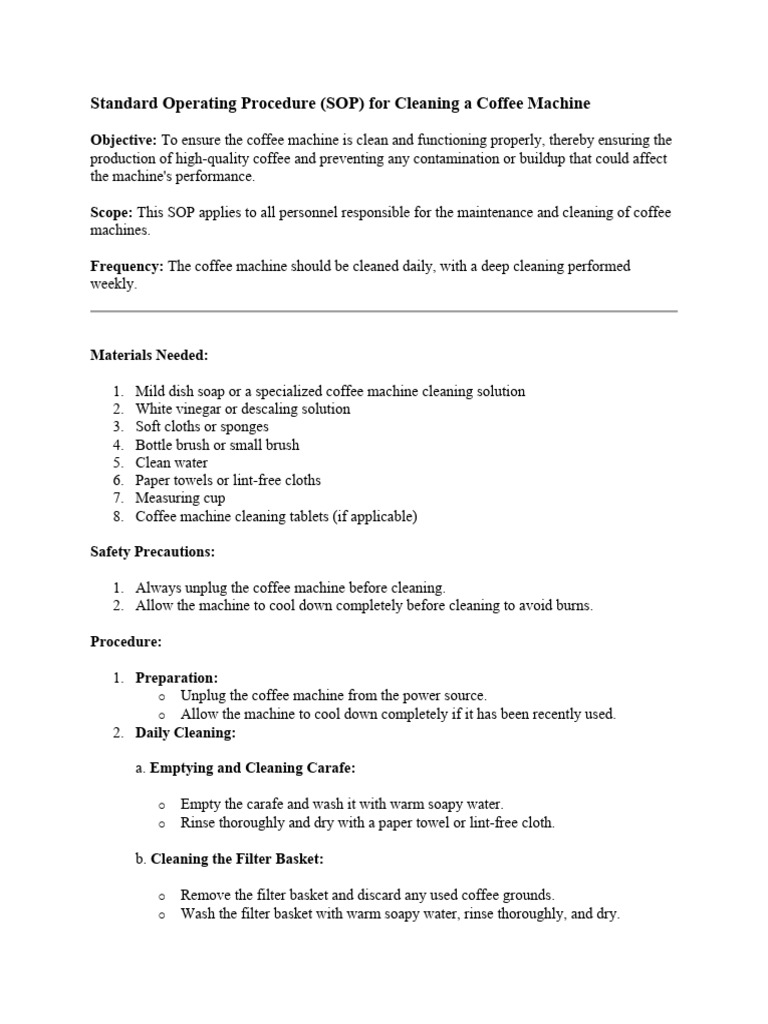 SOP Coffee machine cleaning | PDF | Filtration | Water