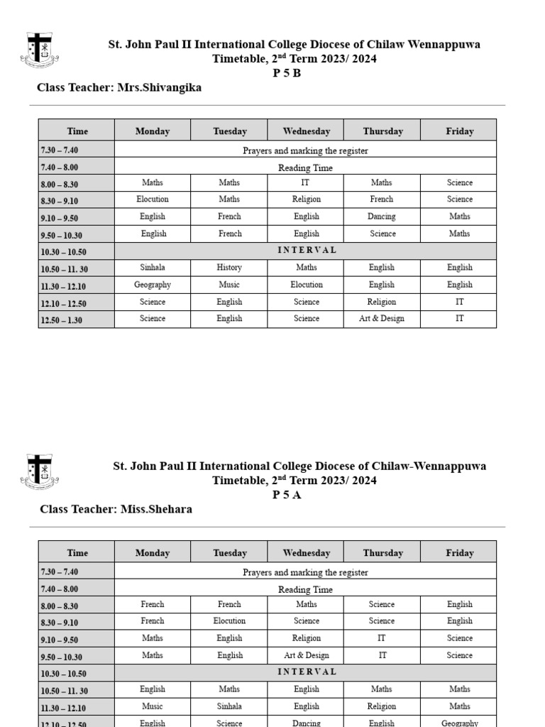 Updated Class Timetable, 3rd Term 2024 | PDF