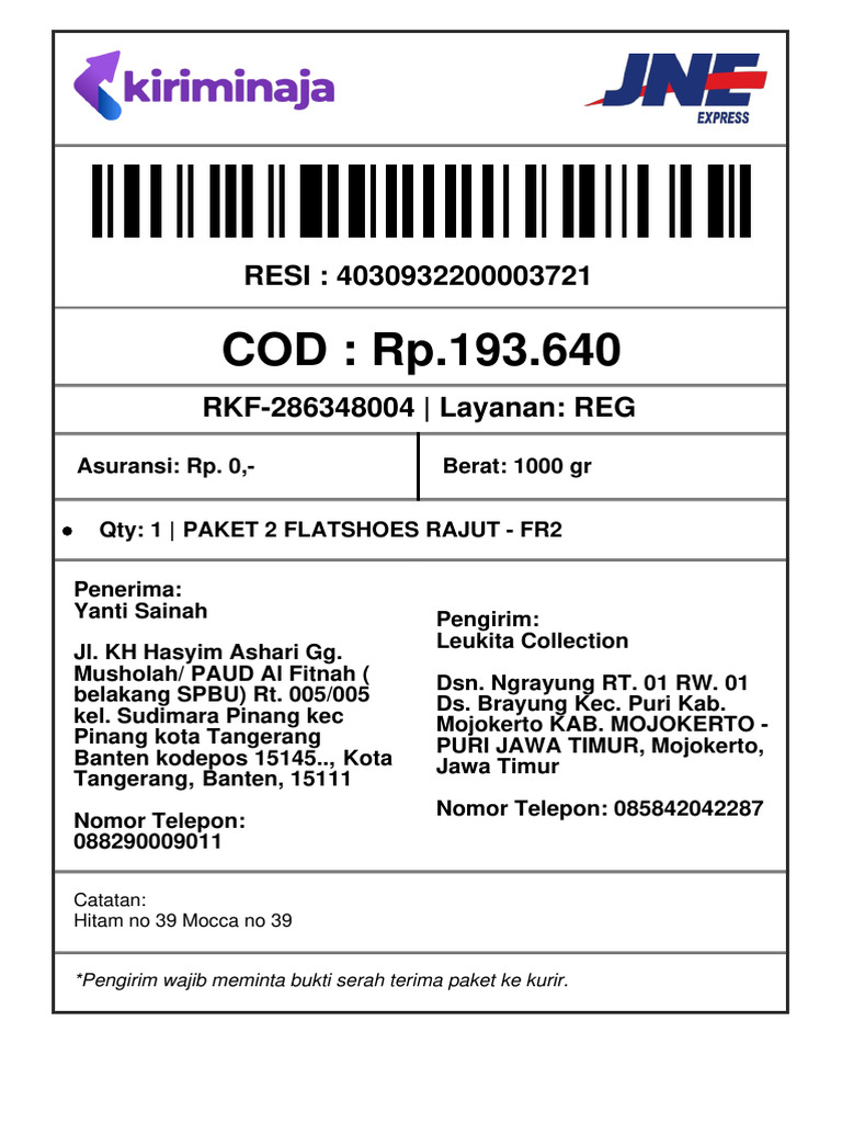 Contoh Resi Cod Customer Jne | PDF