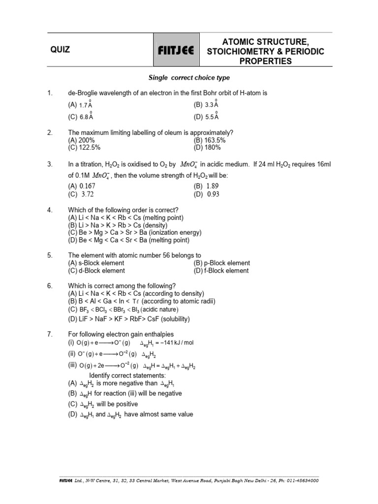 Atomic Structure, Stoichiometry & Periodic Properties, QUIZ | PDF | Electronvolt | Atomic Orbital