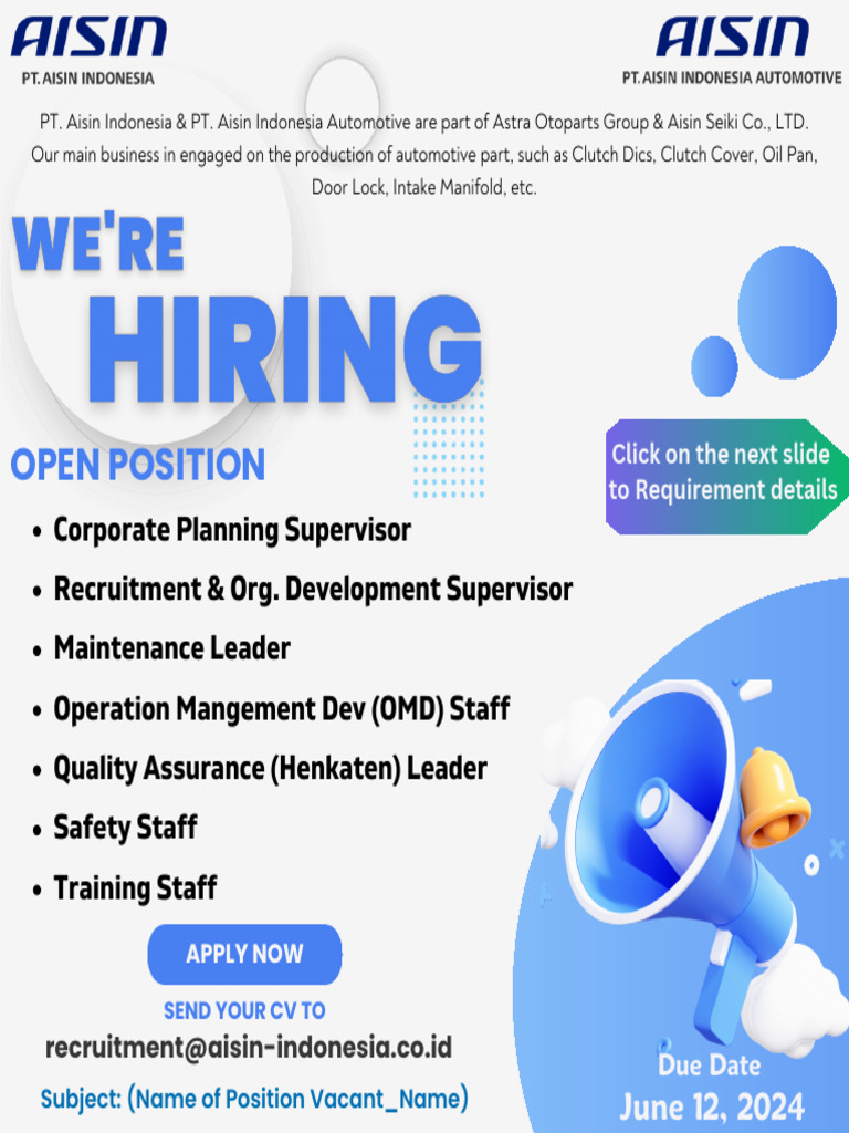 Open Recruitment PT. Aisin Indonesia Dan PT. Aisin Indonesia Automotive | PDF | Engineering ...