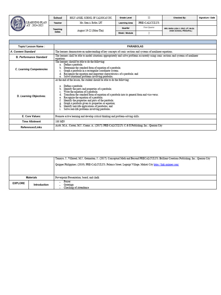 Learning Plan WEEK2 PreCalculus | PDF