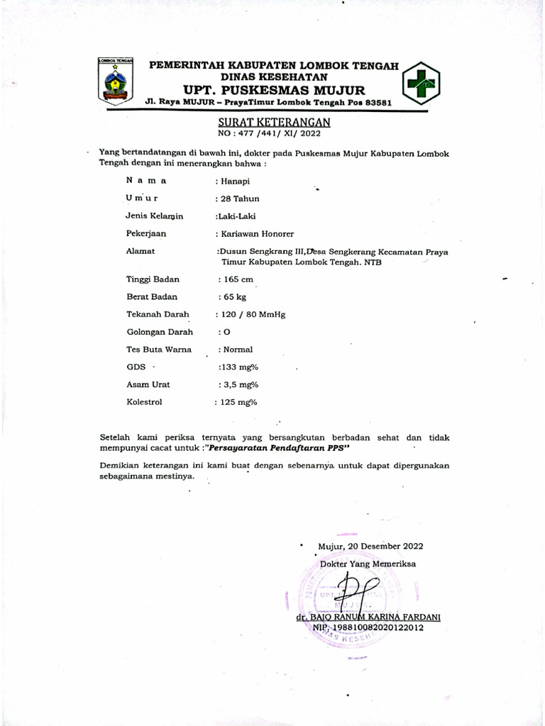 Keterangan Sehat Hanapi | PDF