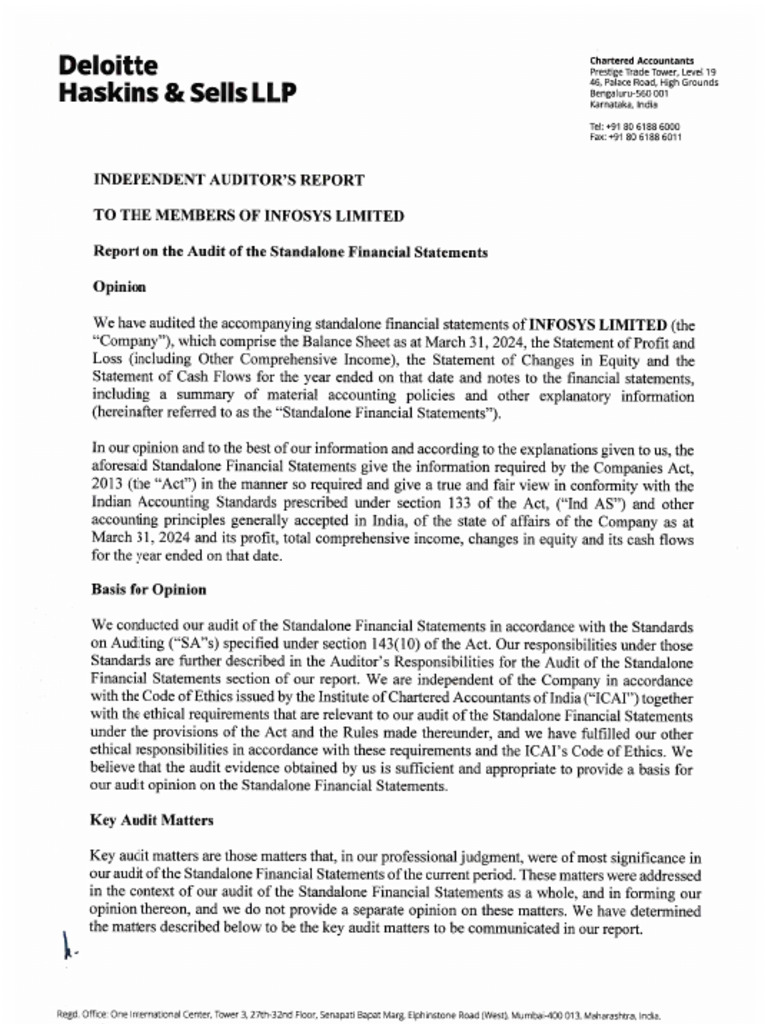 Infosys Auditors Report 2024 | PDF