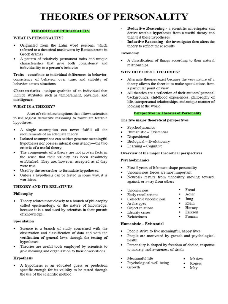 Notes On Theories of Personality | PDF | Id | Psychoanalysis