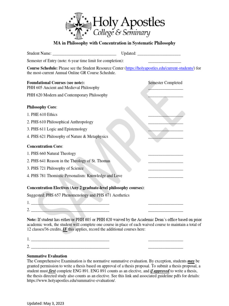 Sample MA in Philosophy With Concentration in Systematic Philosophy ...