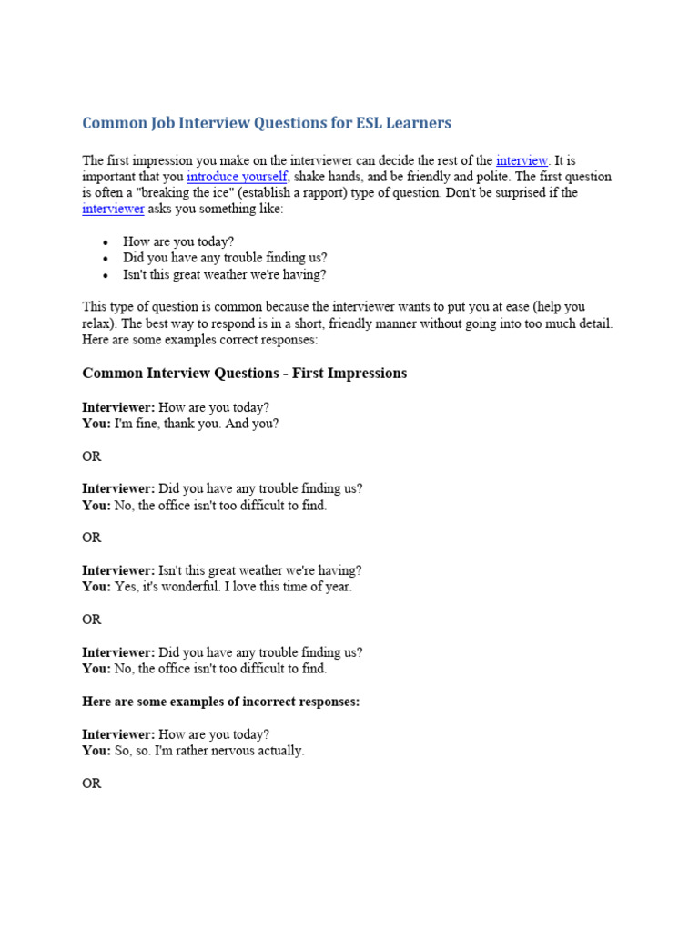 Common Job Interview Questions For ESL Learners | PDF | Job Interview ...