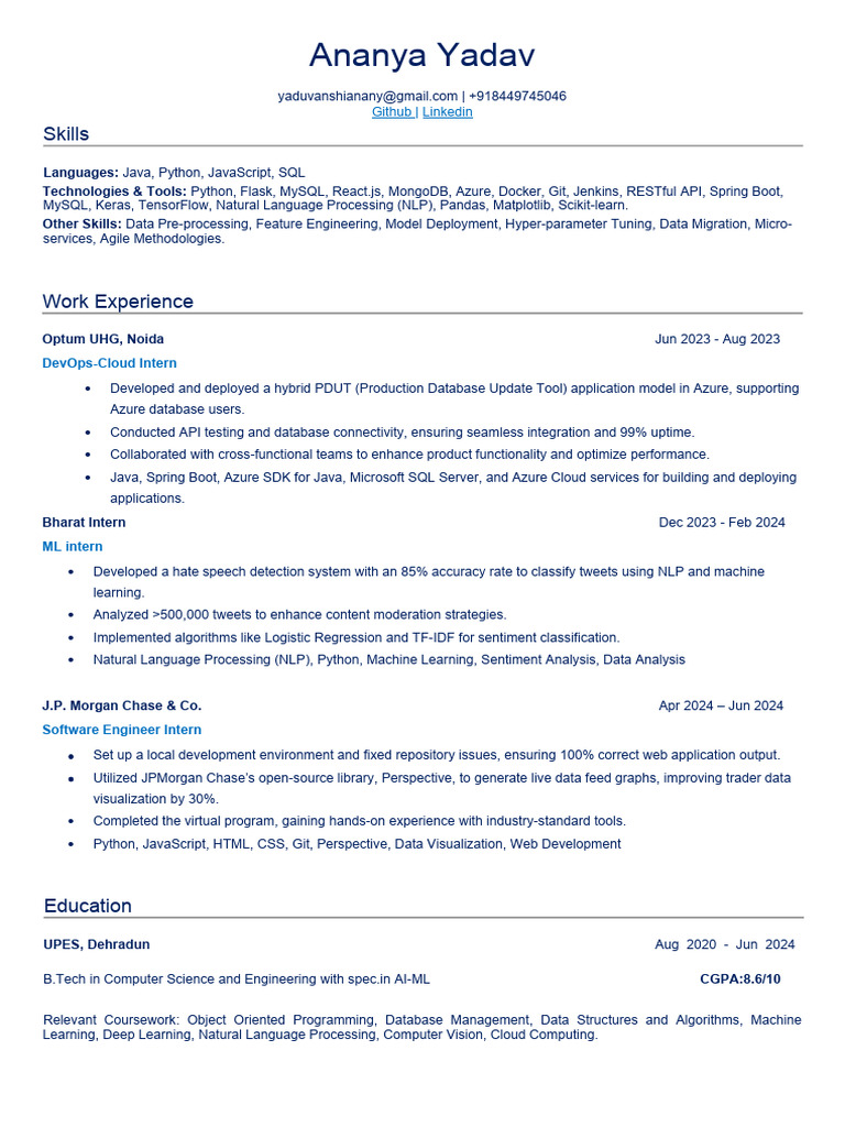 ANANYA YADAV Resume | PDF | Databases | Deep Learning