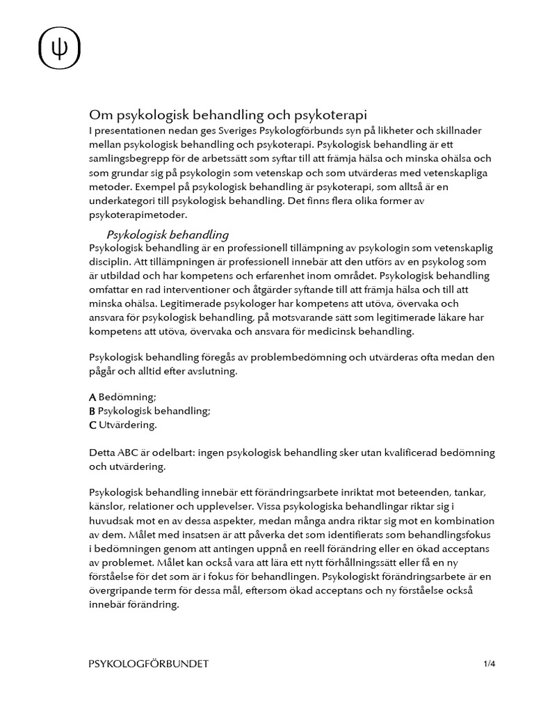 Om Psykologisk Behandling Och Psykoterapi | PDF