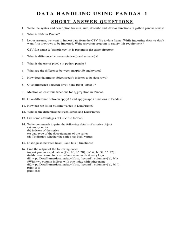 DH Using Pandas-1 SAQs | PDF | Teaching Methods & Materials | Computers