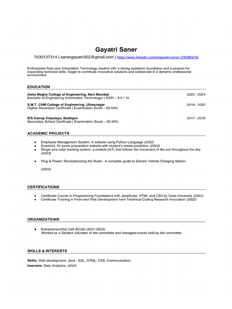 Gayatri Saner Resume 1 | PDF