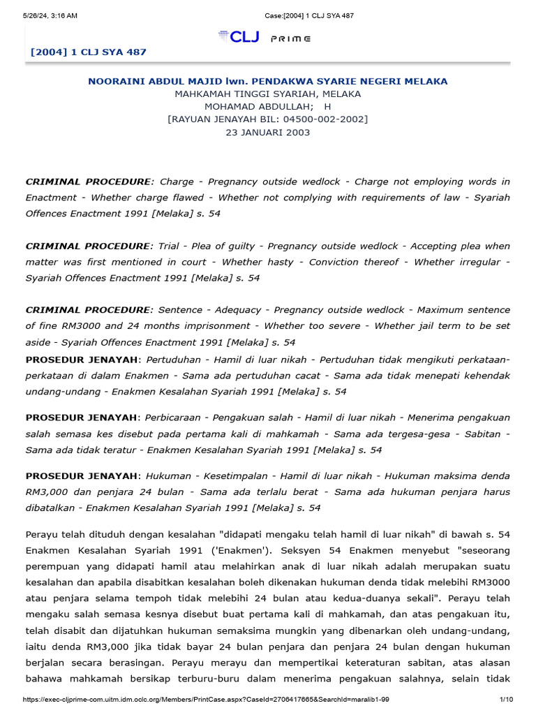 Case - (2004) 1 CLJ SYA 487 Pregnancy Outside Wedlock | PDF