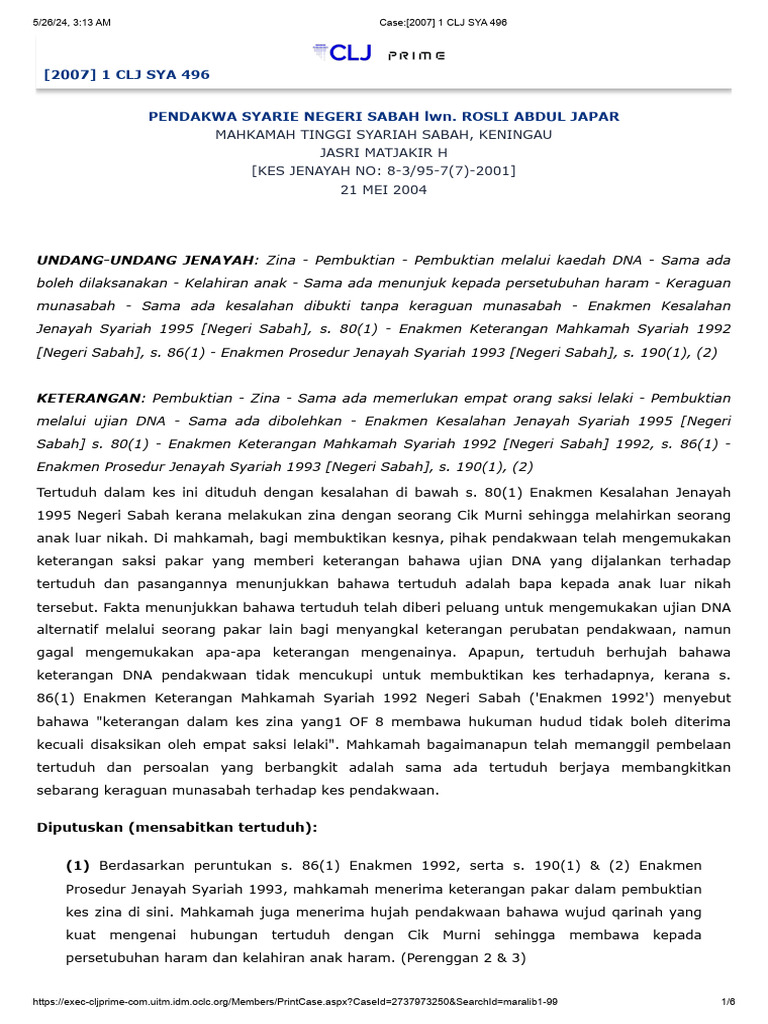 Case - (2007) 1 CLJ SYA 496 Pendakwa Syarie Sabah V Rosli Jaapar | PDF