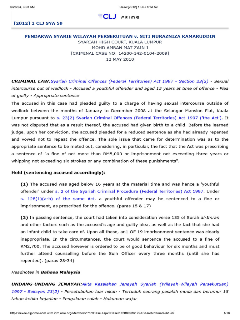 Case - (2012) 1 CLJ SYA 59 - Persetubuhan - Hamil | PDF | Bail | Plea