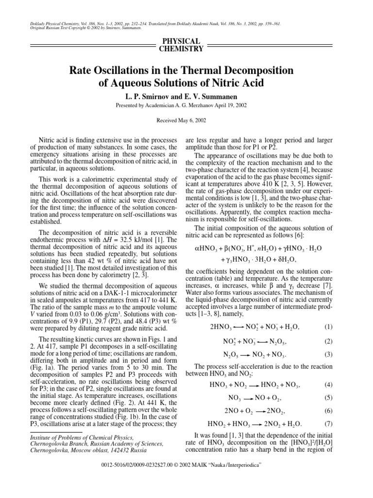 Rate Oscillations in The Thermal Decomposition of Aqueous Solutions of ...