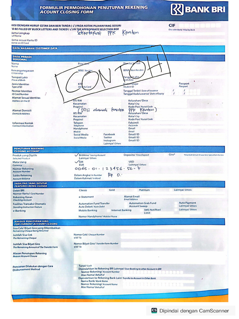 Contoh Pengisian Form Penutupan Rek | PDF