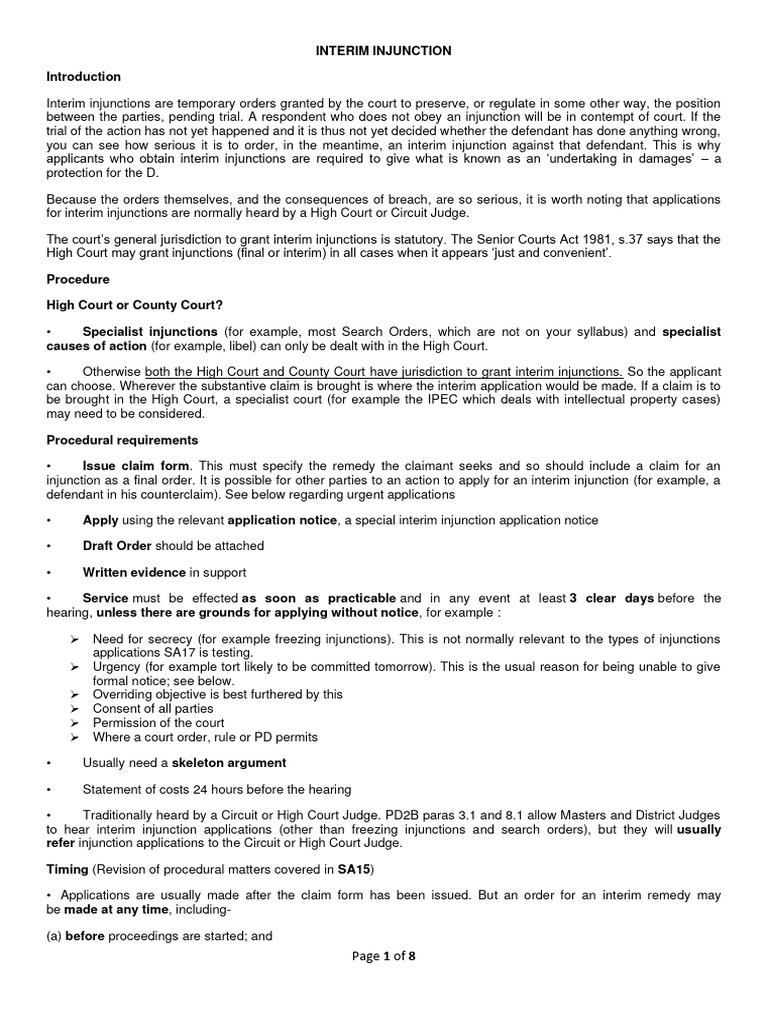 Notes On Interim Injuction | PDF | Injunction | Damages