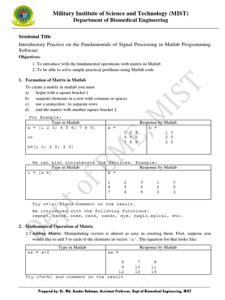 BSP Lab-1 | PDF | Matrix (Mathematics) | Matlab