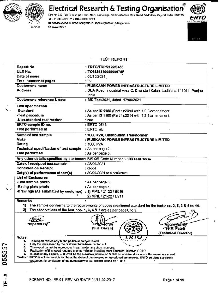 Type Test Report.1000 Kva - Mpil | PDF