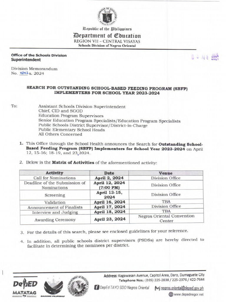 DM No. 0292 S. 2024 Search For Outstanding School-Based Feeding Program ...