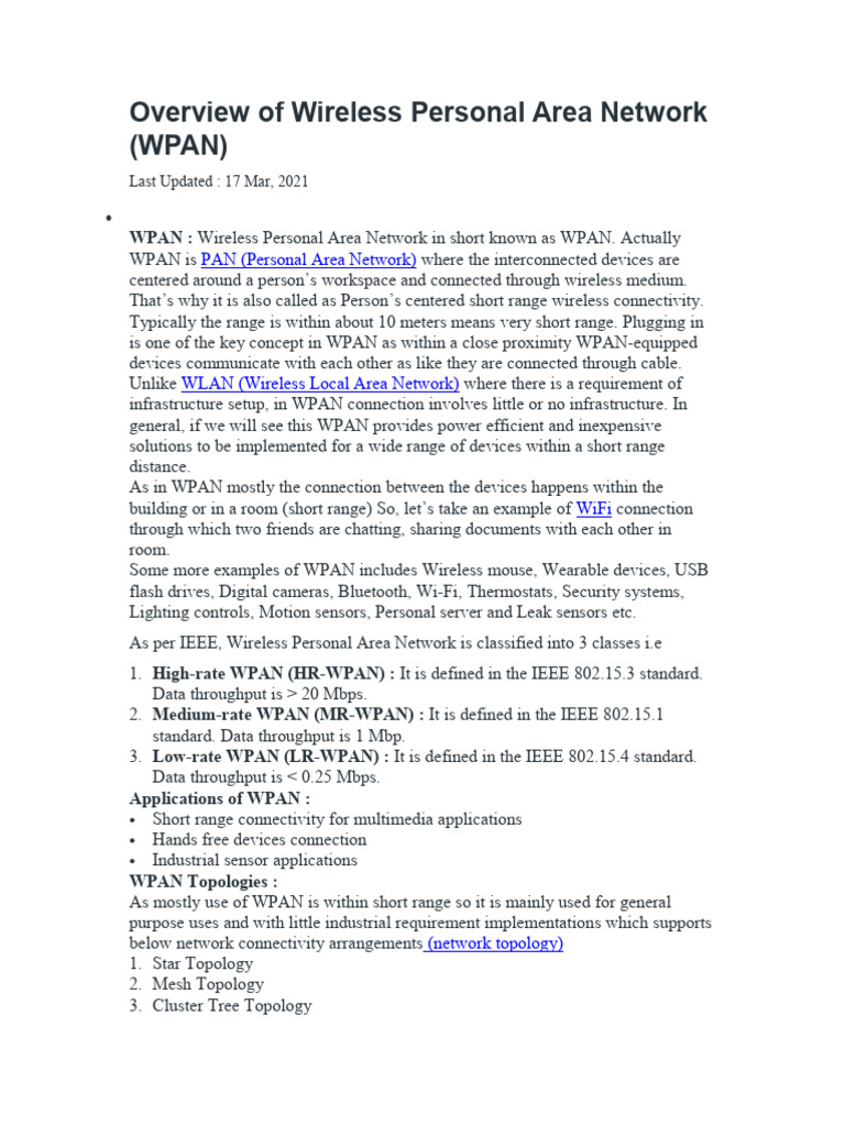 Overview of Wireless Personal Area Network (WPAN) | PDF | Wi Fi | Wireless
