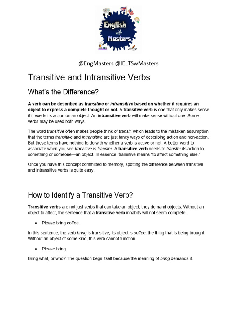 Transitive or Intransitive | PDF | Verb | Object (Grammar)