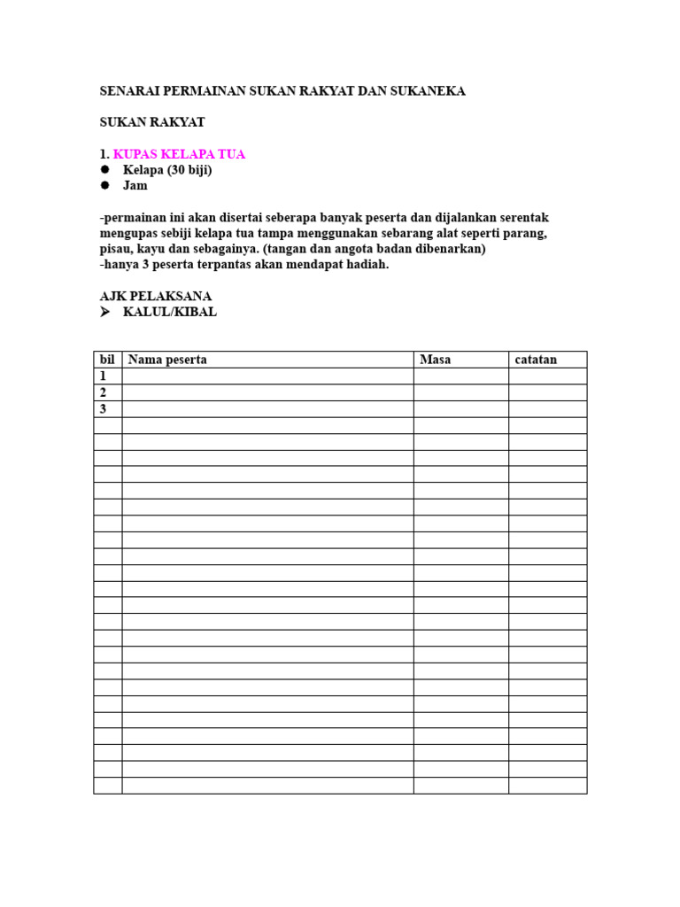 Senarai Permainan Sukan Rakyat Dan Sukaneka | PDF