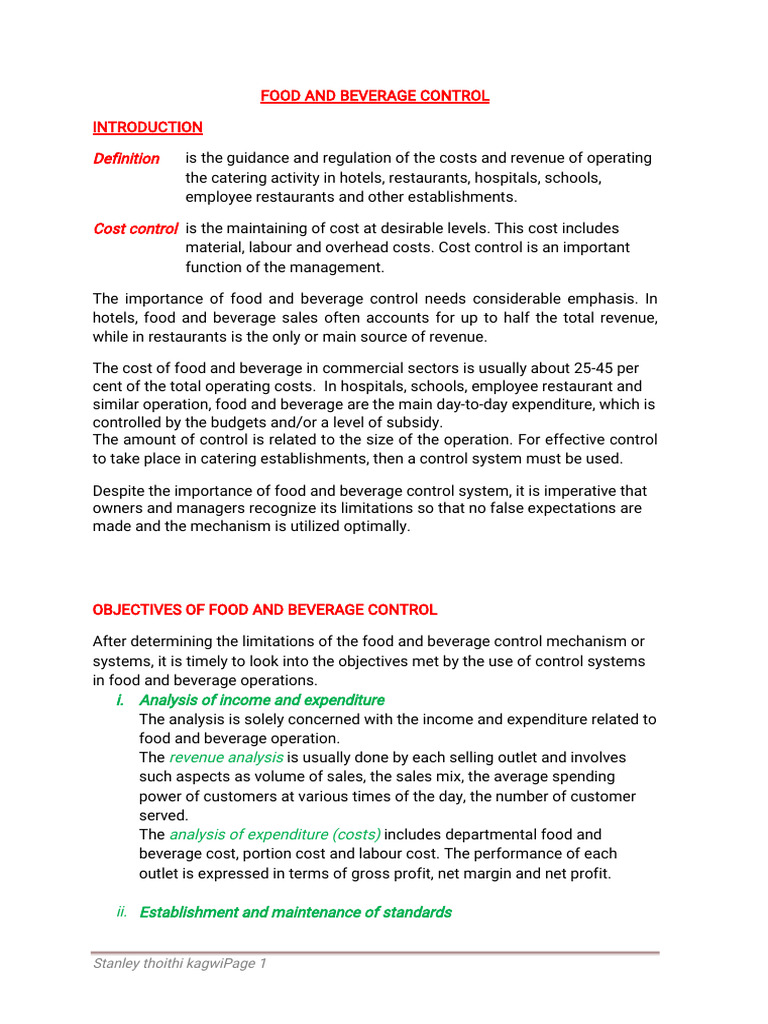 Food and Beverage Control FB | PDF