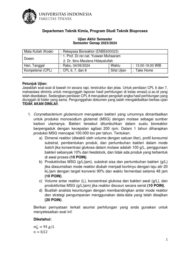 Soal UAS Rekayasa Bioreaktor 2024. | PDF | Sains & Matematika | Teknologi & Rekayasa