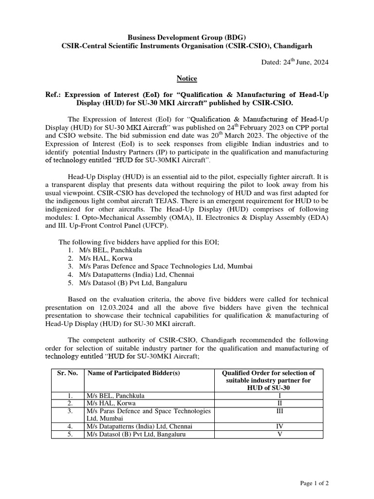 Notice EoI of HuD of SU-30 | PDF | Aviation | Jet Aircraft