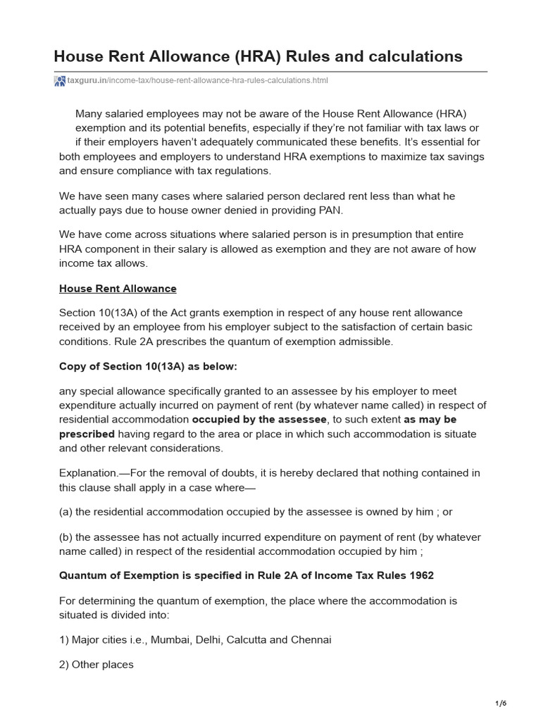 1 - House Rent Allowance HRA Rules and Calculations | PDF | Mortgages ...