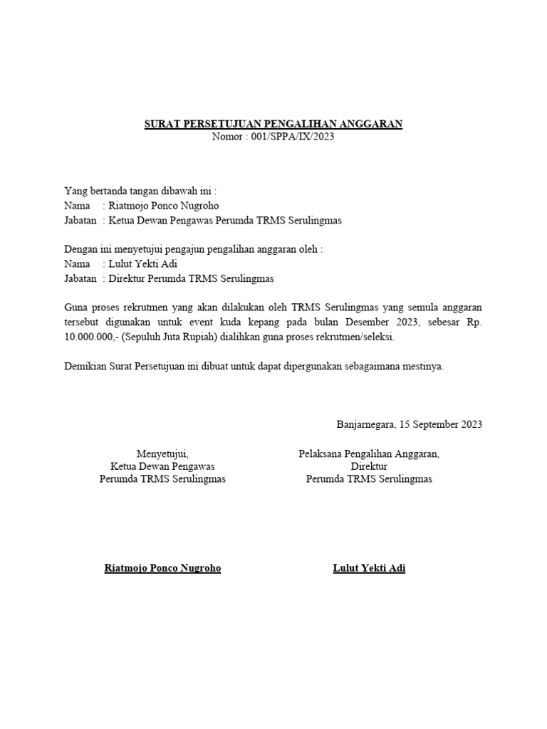 Surat Persetujuan Pengalihan Anggaran | PDF