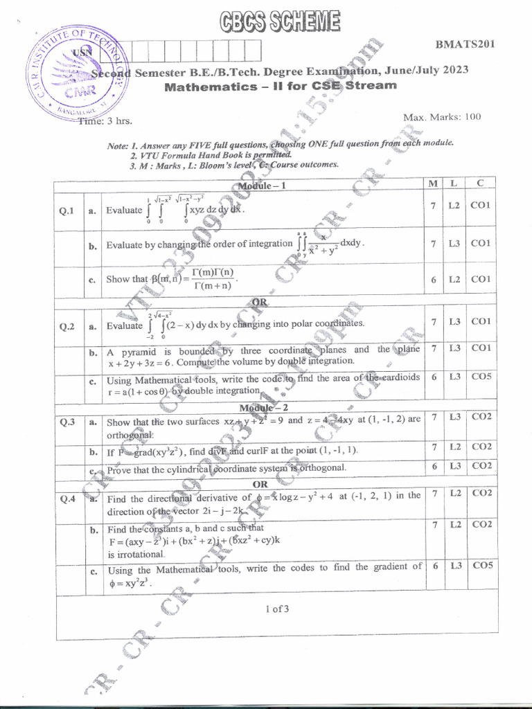 VTU Question Paper of BMATS201 Mathematics-II For CSE Stream June-July ...