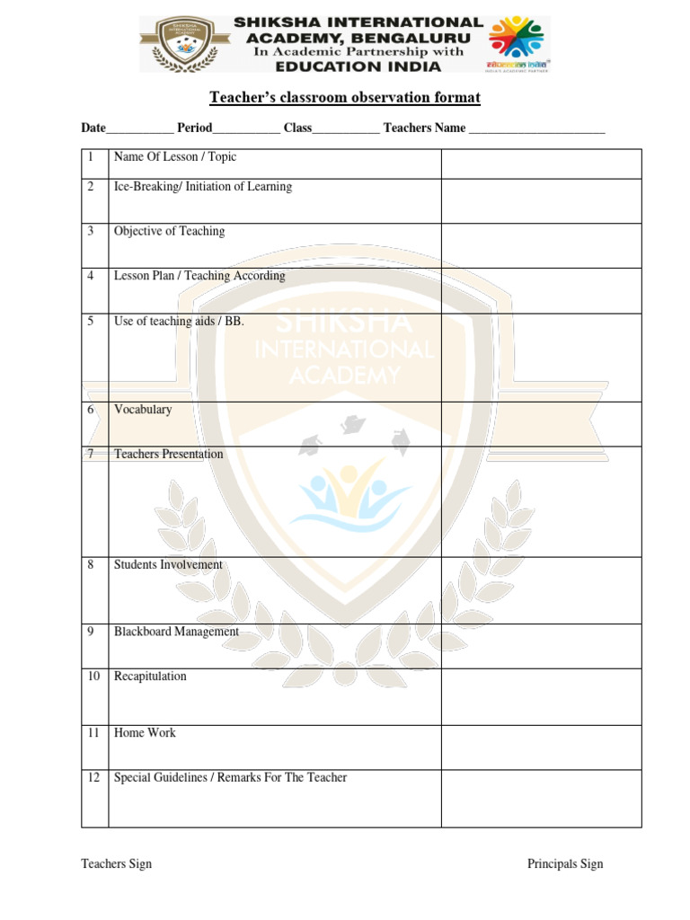 Teachers Classroom Observation Format | PDF