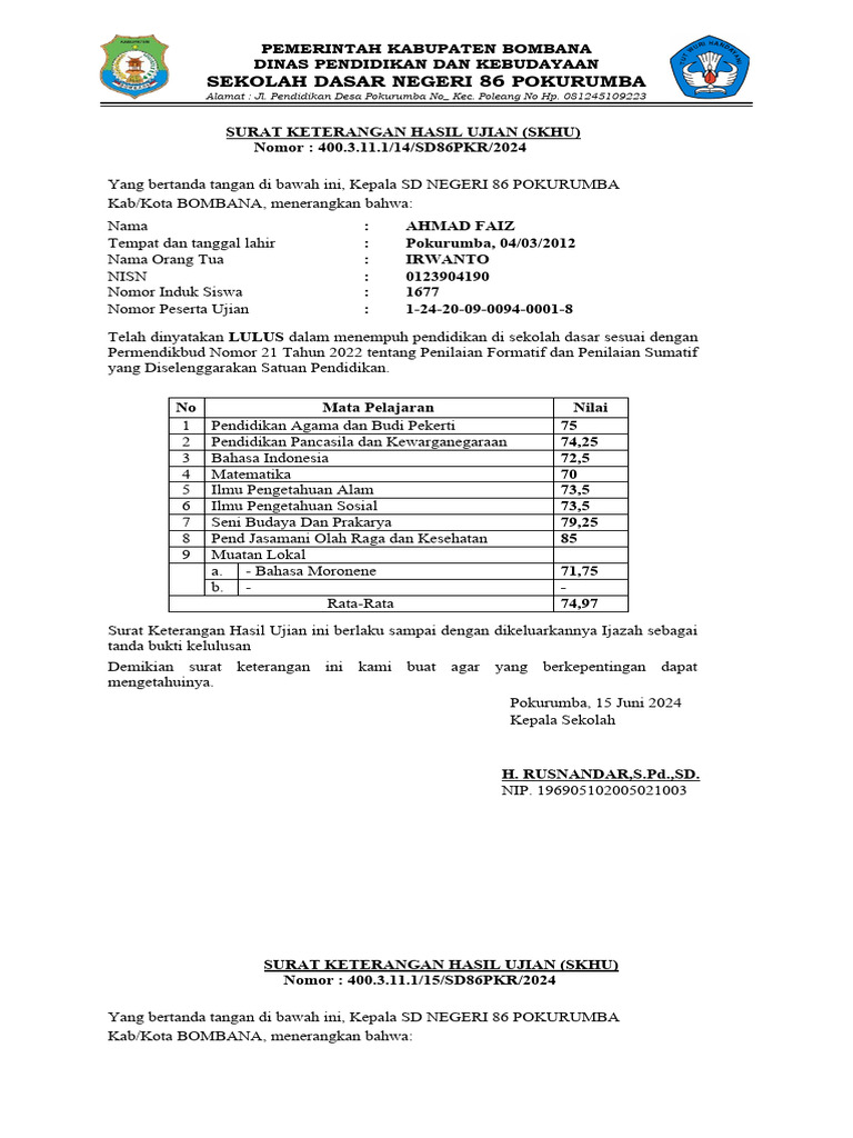 SKHU Lulusan SD Negeri 86 Pokurumba | PDF