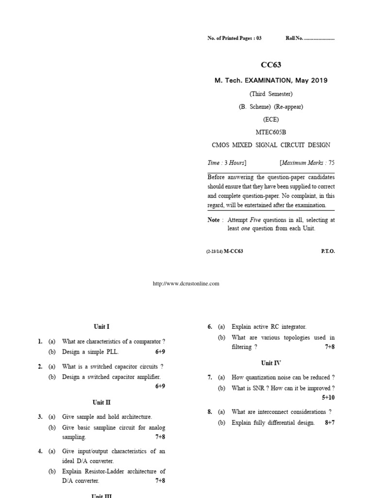Mtech 3 Sem Ece Cmos Mixed Signal Circuit Design Mtec605b May 2019 ...