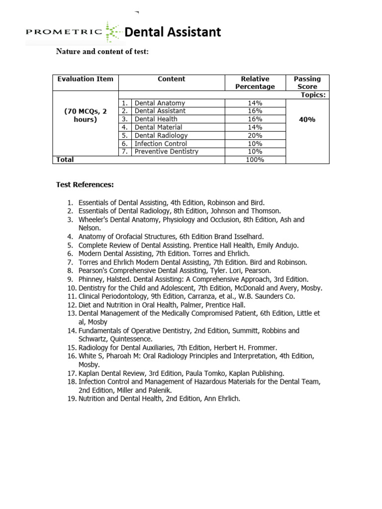 Dental Assistant Exam Content and References | PDF