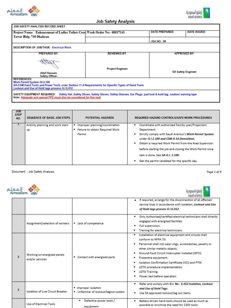 JSA - Electrical Work - Enhancement of Ladies Toilets Core Area Tower Bldg. 730 Dhahran | PDF ...