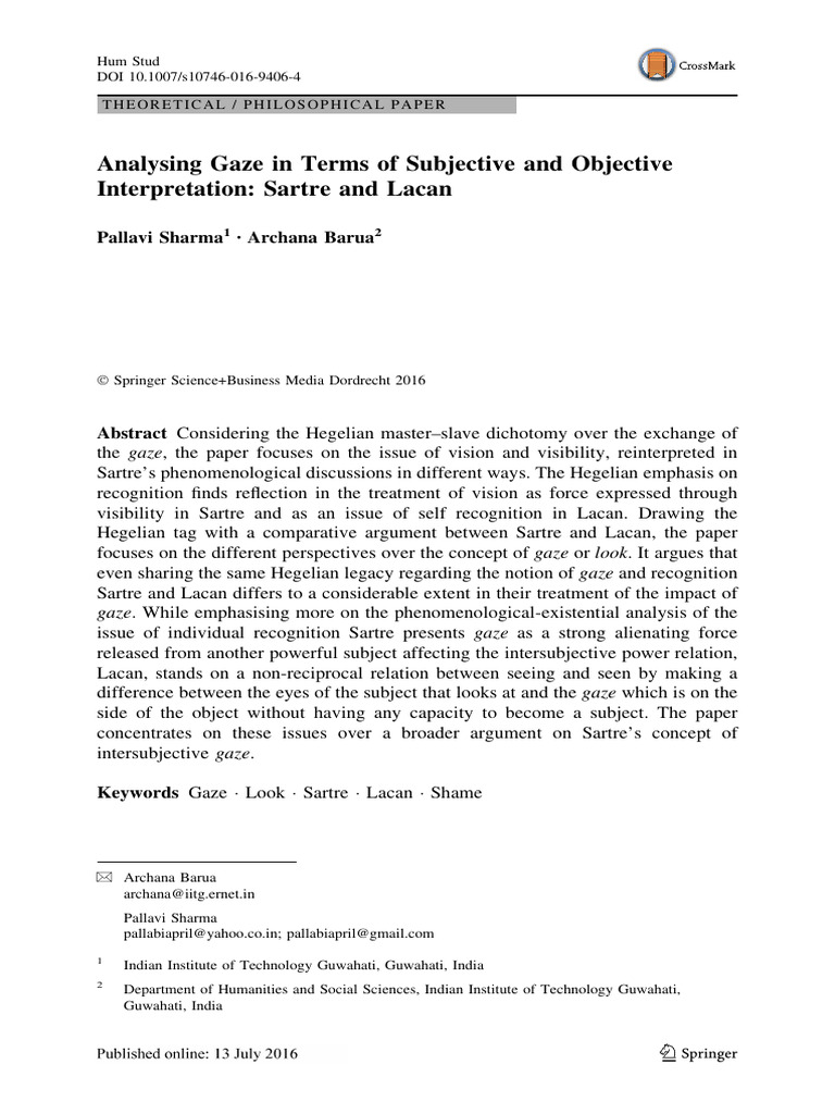 Analysing Gaze in Terms of Subjective and Objective Interpretation Sartre and Lacan Sharma ...