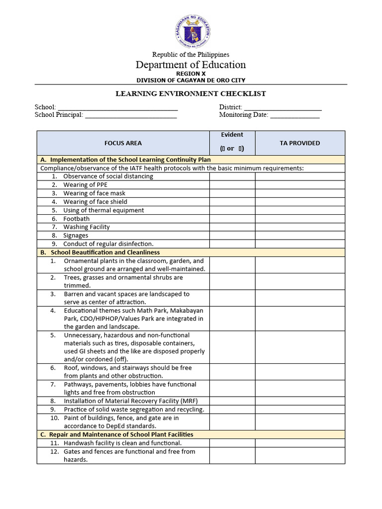 1learning Environment Checklist | PDF