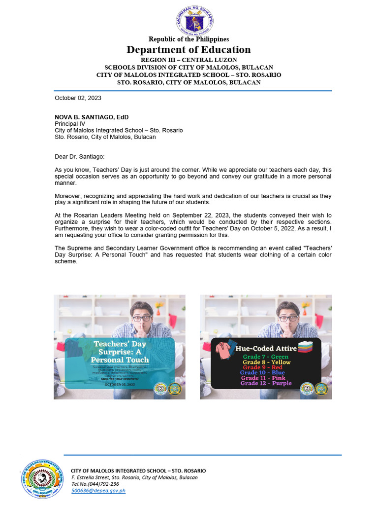 Programs and Activities On Teachers Day Letter SSLG SY 2023 2024 | PDF