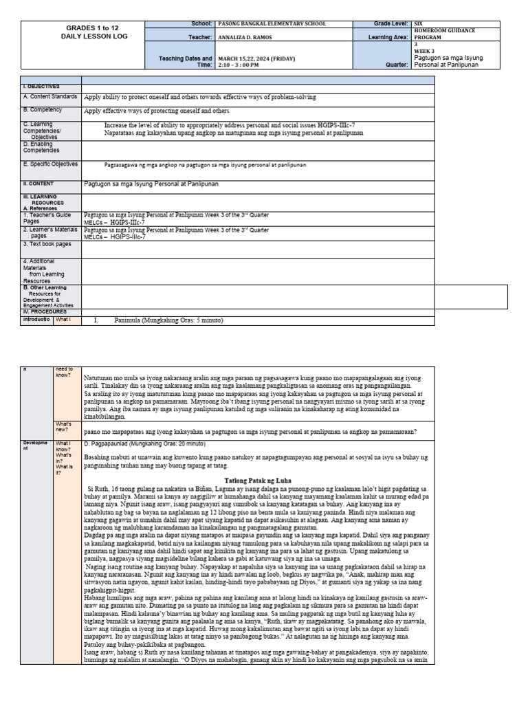 PBES DLL HGP Quarter 3 Gr.6 Pagtugon Sa Mga Isyung Personal at Panlipunan WEEK 3 | PDF