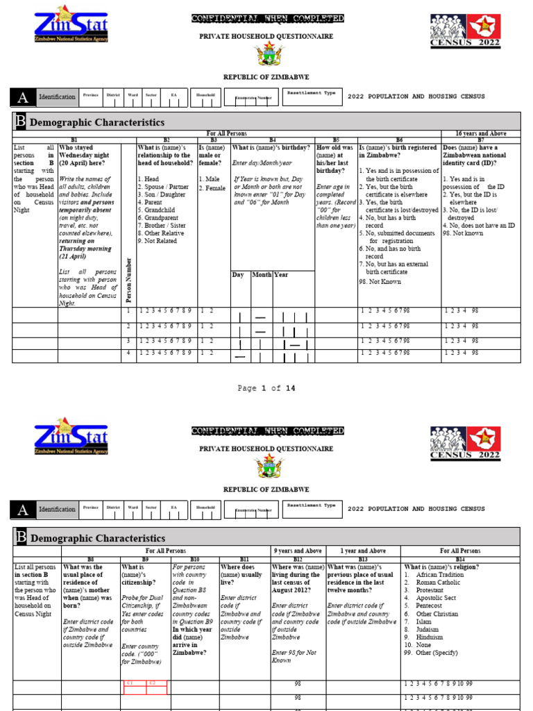 Zimbabwe 2022 Census Household Form | PDF | Employment | Academic Degree